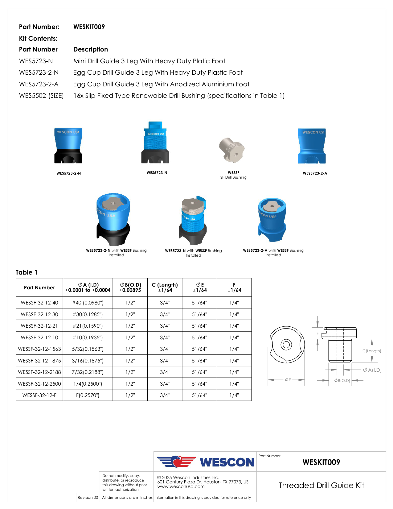 WESKIT009 SF Bushing and Drill Guide Kit - Kits | Wescon USA